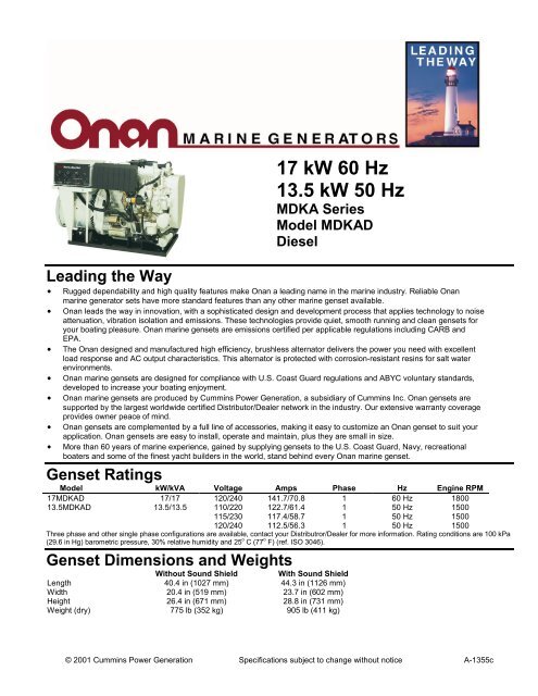 17 kW 60 Hz 13.5 kW 50 Hz - Cummins Onan