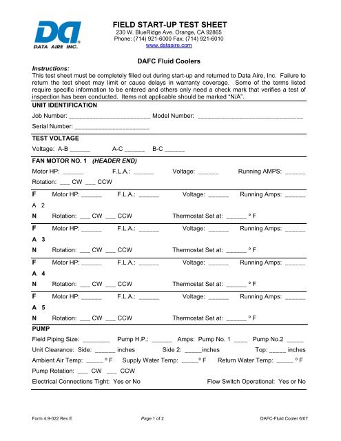 Field Start-up Test Sheet DAFC Fluid Coolers - Data Aire