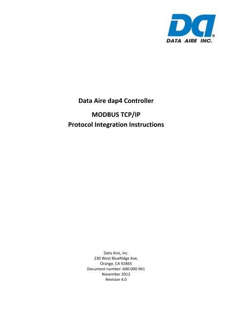 Data Aire dap4 Controller MODBUS TCP/IP Protocol Integration ...
