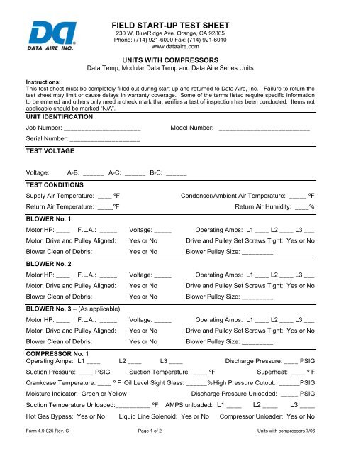 Field Start-up Test Sheet Units with Compressors - Data Aire
