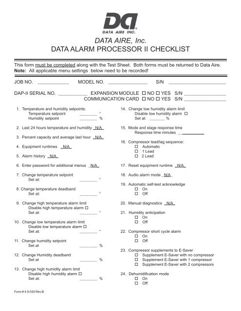(DAP II) Checklist - Data Aire