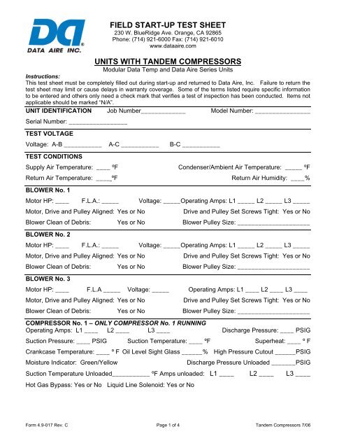 field start-up test sheet units with tandem compressors - Data Aire