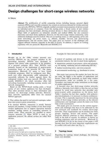 Design challenges for short-range wireless networks - Steinbeis ...