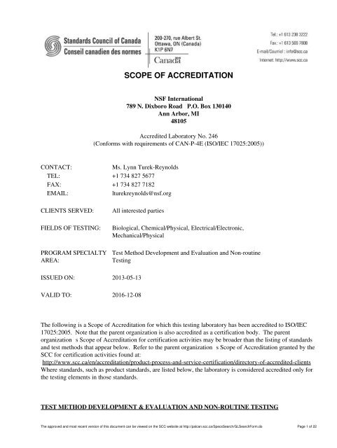 scope of accreditation - Accredited Laboratories - Standards Council ...