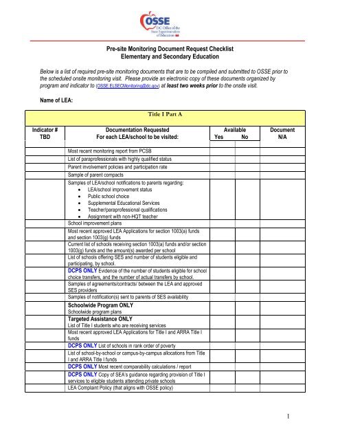 1 Pre-site Monitoring Document Request Checklist ... - osse 1 Pre-site Monitoring Document Request Checklist ... - osse
