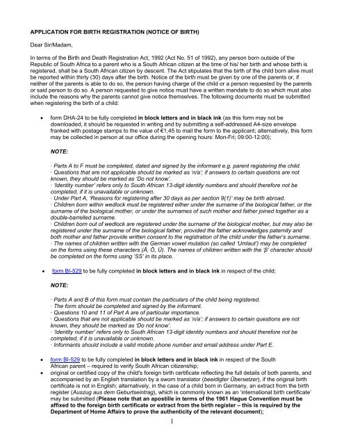 APPLICATION FOR BIRTH REGISTRATION (NOTICE OF BIRTH ...