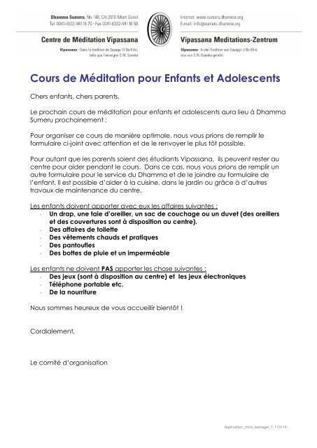Cours de MÃ©ditation pour Enfants et Adolescents - Dhamma Sumeru