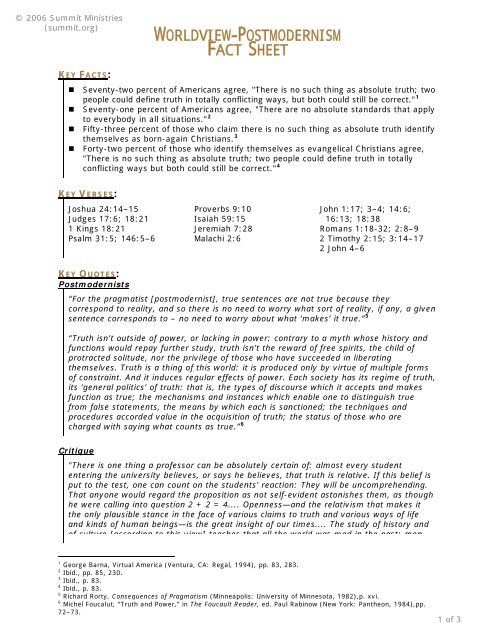 WORLDVIEW-POSTMODERNISM FACT SHEET - Summit Ministries