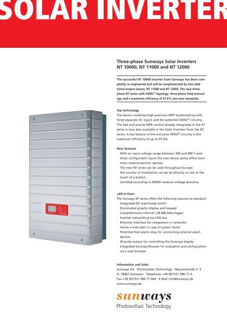 Three-phase Sunways Solar Inverters NT 10000, NT ... - Sunways AG