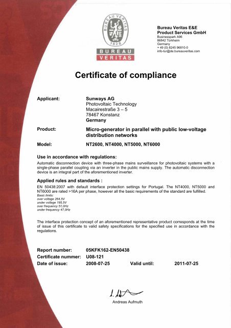 Certificate of compliance - Sunways AG