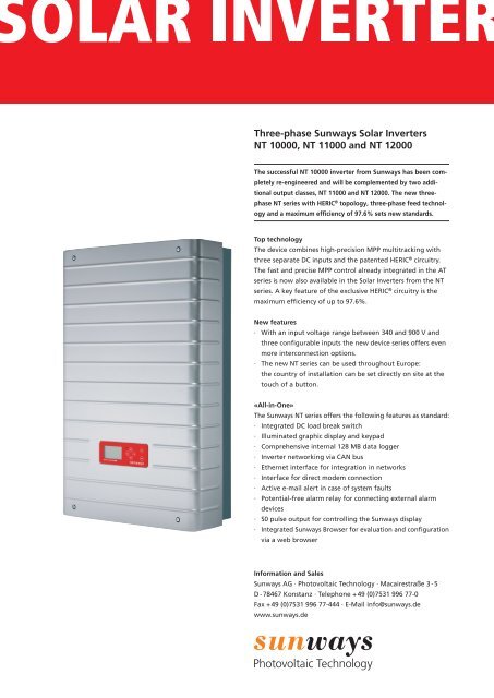 NT 10000, NT 11000 and NT 12000 - Sunways AG