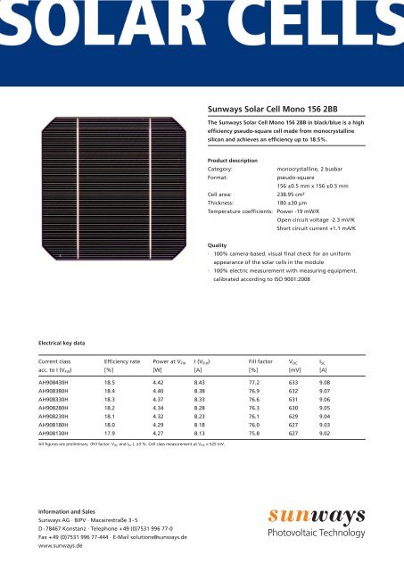 Data sheet monocrystalline 156, 2-busbar - Sunways AG