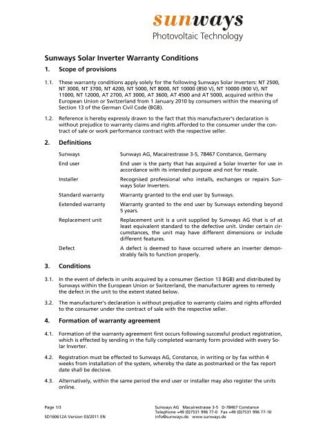 Sunways Solar Inverter Warranty Conditions - Sunways AG