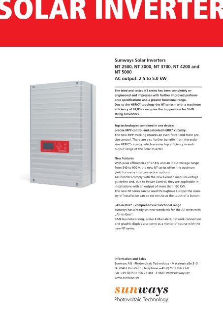 Sunways Solar Inverters NT 2500, NT 3000, NT 3700 ... - Sunways AG