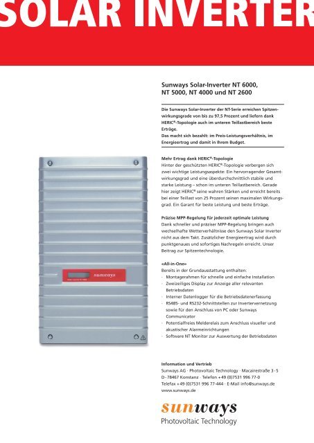 Sunways Solar-Inverter NT 6000, NT 5000, NT 4000 ... - Sunways AG
