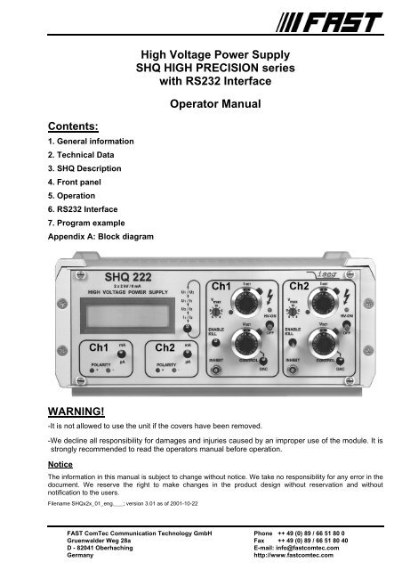 High Voltage Power Supply SHQ HIGH PRECISION ... - FAST Comtec