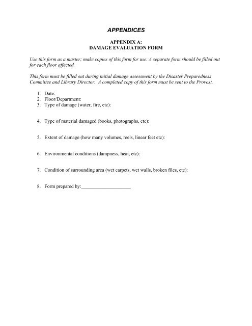 Damage Evaluation Form, Post Disaster Report Form
