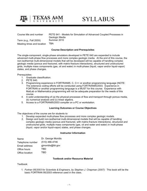 Syllabi for TAMU PETE Graduate courses