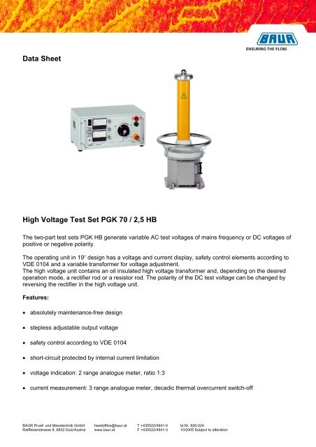Data Sheet High Voltage Test Set PGK 70 / 2,5 HB