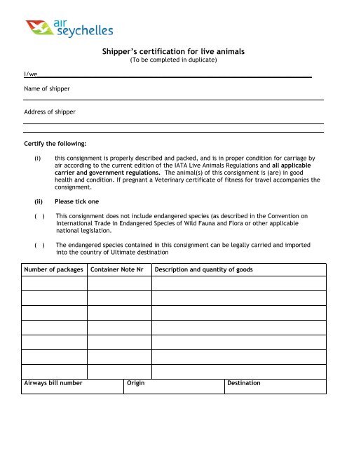 Shipper's certification for live animals - Air Seychelles