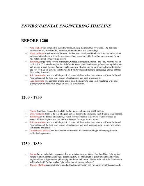 ENVIRONMENTAL ENGINEERING TIMELINE BEFORE 1200 1200 - 1750 1750 - 1830