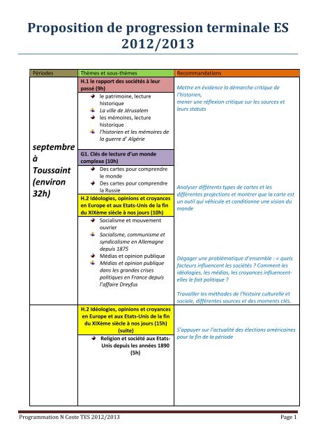 Proposition de progression terminale ES 2012/2013