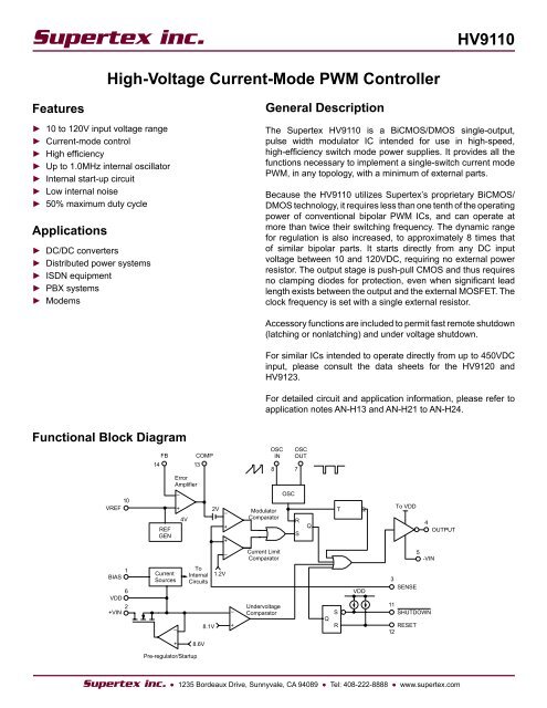 HV9110 High-Voltage Current-Mode PWM Controller - Supertex