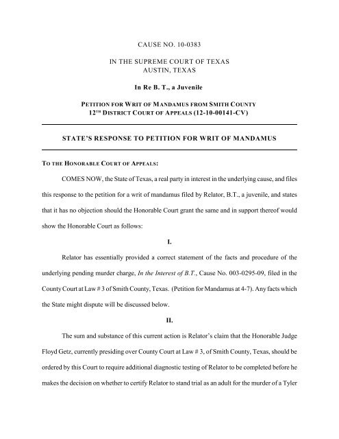 Response to Petition for Mandamus - Filed - Supreme Court of Texas