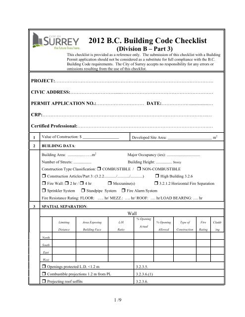 2012 B.C. Building Code Checklist - City of Surrey