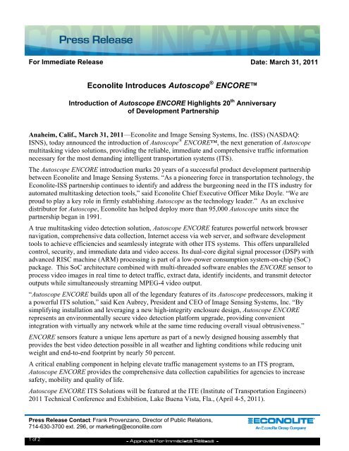 Econolite Introduces Autoscope ENCORE, a True Multitasking Video ...