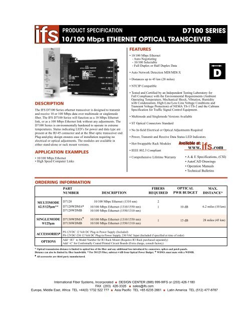 IFS D7100 Series Ethernet Optical Transceiver - Signal Control ...
