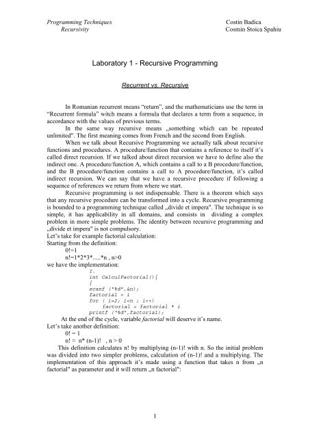 Lab. 1 Recursivity Divide et Impera