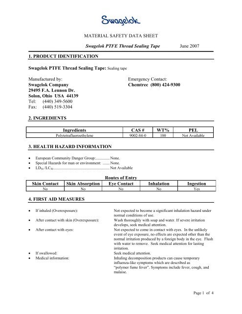 Swagelok PTFE Thread Sealing Tape Material Safety Data Sheet ...