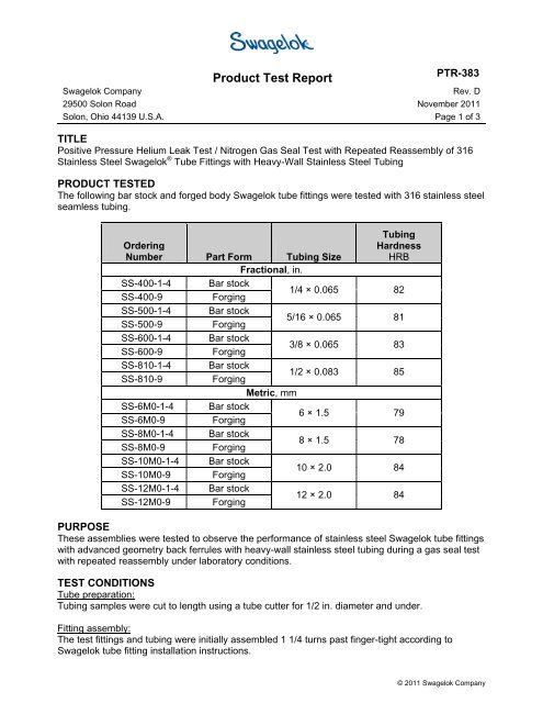 Positive Pressure Helium Leak Test and Nitrogen Gas ... - Swagelok
