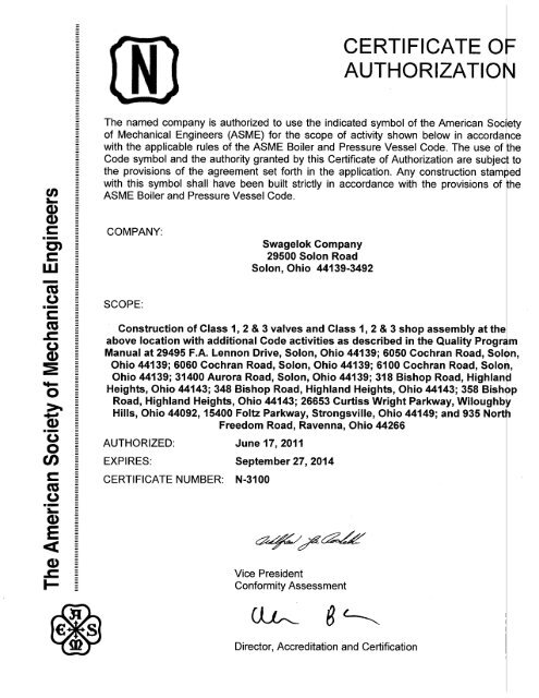 ASME N Certificate, NPT Certificate - Swagelok