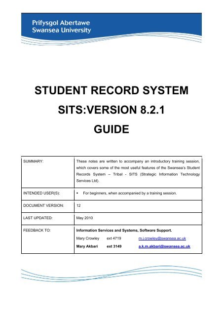 student record system sits:version 8.2.1 guide - Swansea University