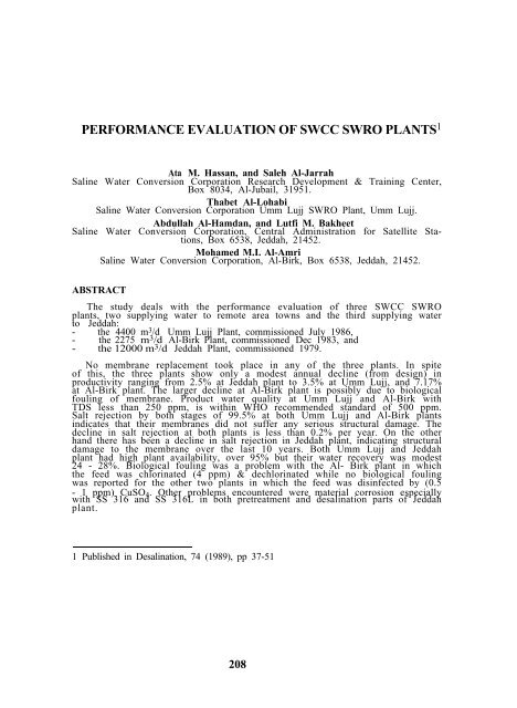 PERFORMANCE EVALUATION OF SWCC SWRO PLANTS1