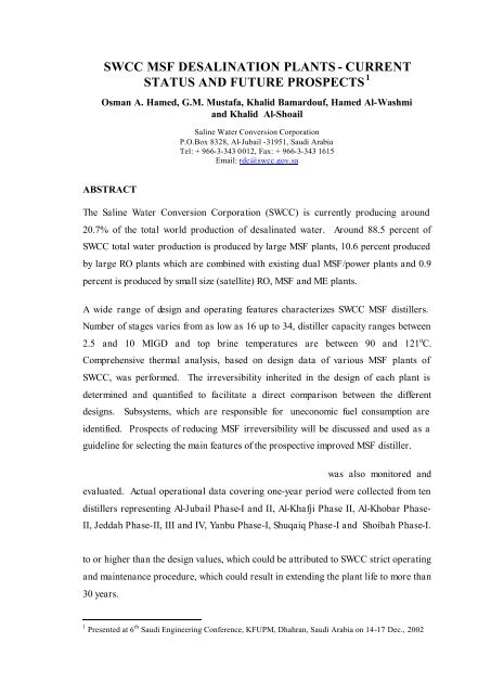 swcc msf desalination plants - current status and future prospects