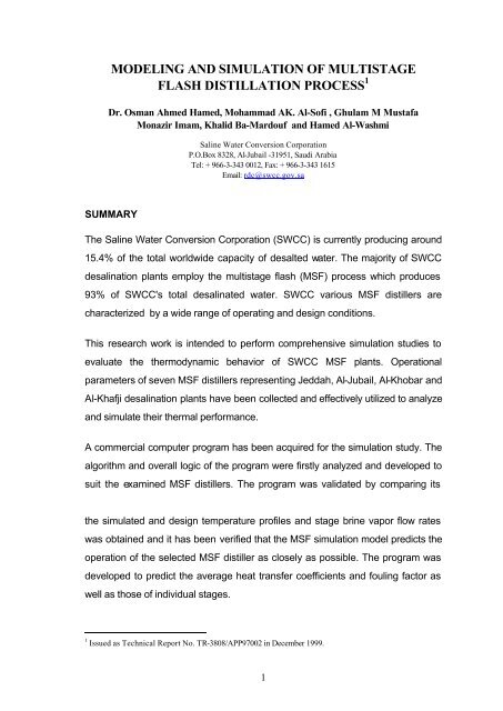 modeling and simulation of multistage flash distillation process