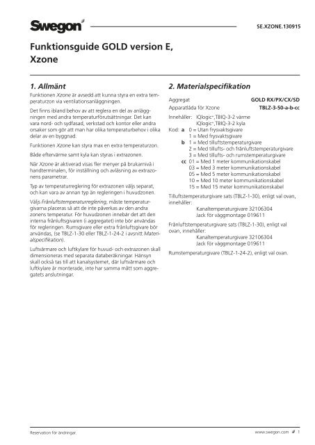 Funktionsguide GOLD version E, Xzone - Swegon