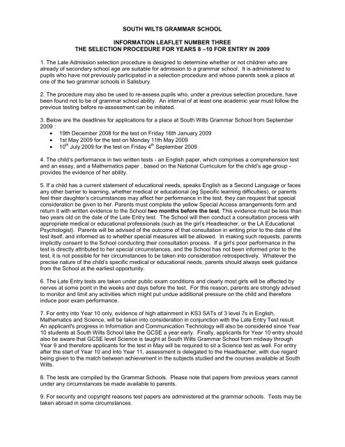 FINAL 2009 Late Entry Information Sheet - South Wilts Grammar ...