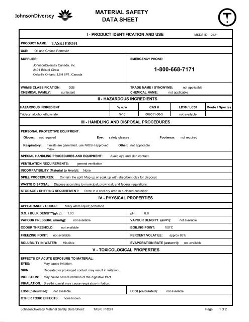 TASKI PROFI (Canadian English Institutional MSDS 2421) - Erv Parent