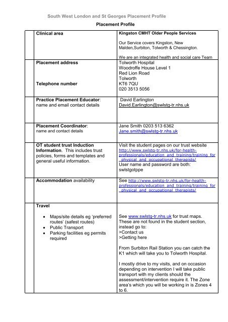 South West London and St Georges Placement Profile Placement ...