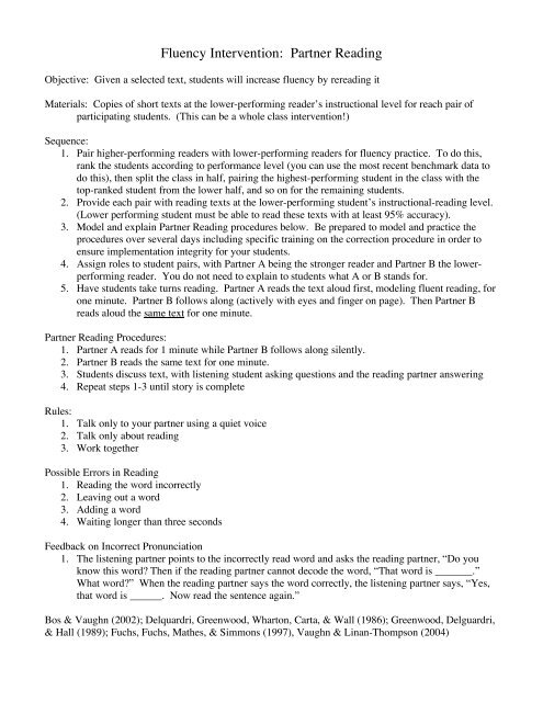 Fluency Intervention: Partner Reading