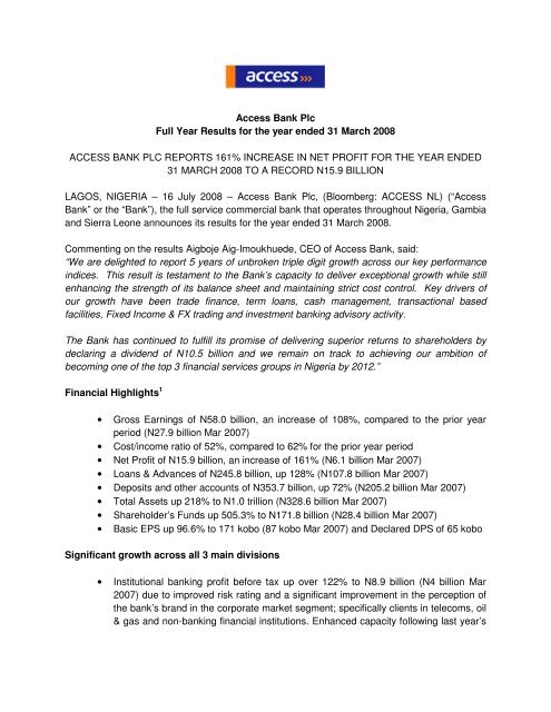 Full Year 2007-2008 Results - Access Bank