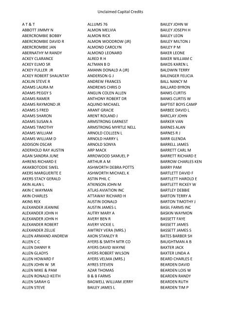 Unclaimed Capital Credits A T & T ALLUMS 76 ... - Carroll EMC