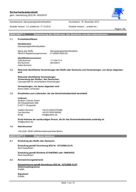 Sicherheitsdatenblatt Dipropylenglykoldimethylether, DPDM