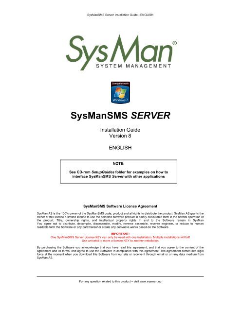 SysManSMS Server Installation Guide - SysMan AS