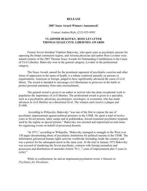 Vladimir Bukovky, Ross Levatter are the 2007 Thomas Szasz Civil ...