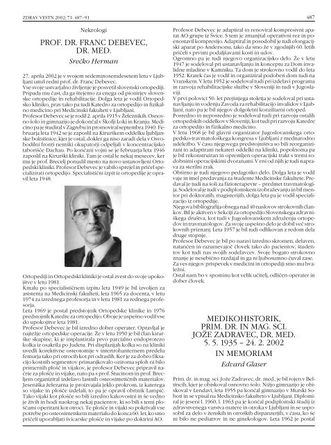 prof. dr. franc debevec, dr. med. medikohistorik, prim. dr. in mag. sci ...